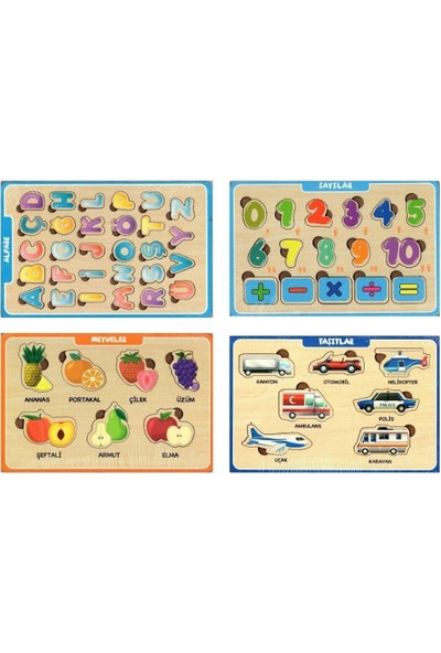 Wappa 4 Adet Ahşap Bul Tak Eğitici Yapboz Puzzle Alfabe Sayılar Meyveler Taşıtlar Bul Tak Eğitici Puzzle 4'lü Puzzle Set Wappa 4 Adet Ahşap Bul Tak Eğitici Yapboz Puzzle Alfabe Sayılar Meyveler Taşıtlar Bul Tak Eğitici Puzzle 4'lü Puzzle Set