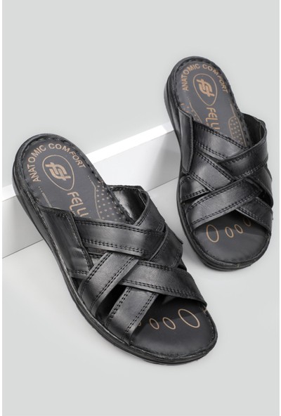 Felluce Deri Rahat Comfort Siyah Erkek Terlik 1080 Felluce Deri Rahat Comfort Siyah Erkek Terlik 1080