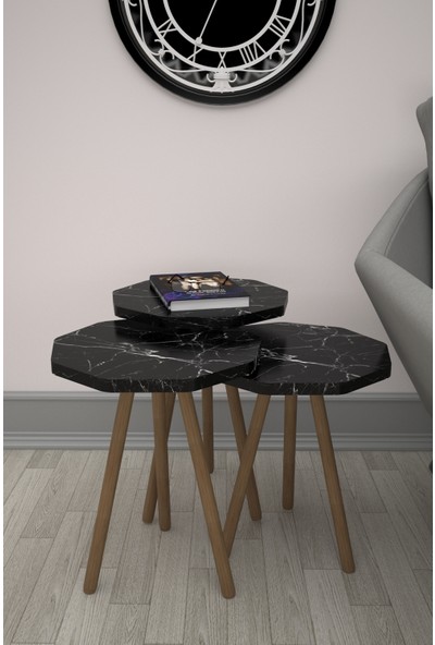 Mobezzo Mobezzoahşap Ayaklı Zigon Sehpa 3'lü Bendir Siyah Mermer Desenli Çokgen Mobezzo Mobezzoahşap Ayaklı Zigon Sehpa 3'lü Bendir Siyah Mermer Desenli Çokgen