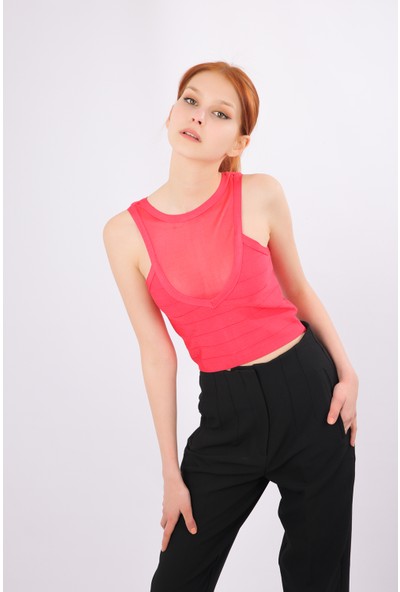 Kadın Şeker Pembesi Crop Bandaj Bluz