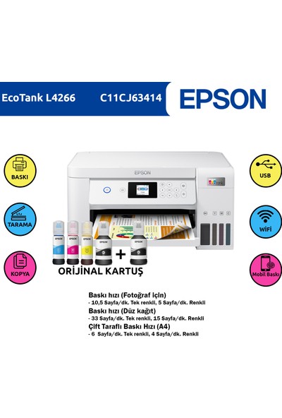Epson Ecotank L4266 Renkli Mürekkep Tanklı Yazıcı + Orijinal Epson (1x 127ML Bk, 3x 70ML Cmy) + Ekstra Siyah Mürekkep Seti C11CJ63414 Epson Ecotank L4266 Renkli Mürekkep Tanklı Yazıcı + Orijinal Epson (1x 127ML Bk, 3x 70ML Cmy) + Ekstra Siyah Mürekkep Seti C11CJ63414