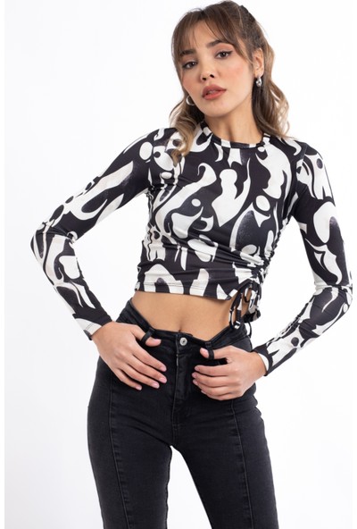Nofilter Butik Siyah Beyaz Desenli Tek Yan Büzgü Crop