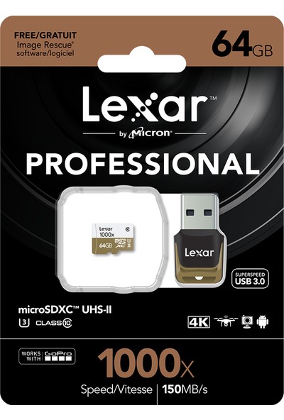 Lexar 64GB microSDXC 1000X 150Mb/sn UHS-II 4K + USB 3.0 Kart Okuyucu Class10 U3 (LSDMI64GCBEU1000R) Hafıza Kartı Lexar 64GB microSDXC 1000X 150Mb/sn UHS-II 4K + USB 3.0 Kart Okuyucu Class10 U3 (LSDMI64GCBEU1000R) Hafıza Kartı