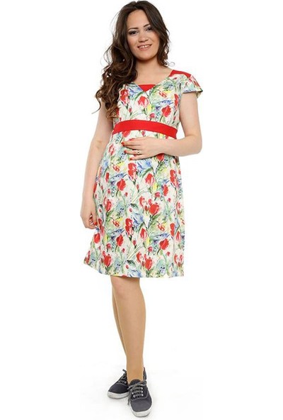 Fuçin Öpücük Yaka Hamile Elbise 4769 - Kırmızı