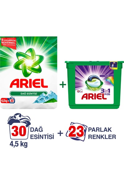 Ariel 3'ü 1 Arada Pods Sıvı Çamaşır Deterjanı Kapsülü Parlak Renkler 23 Yıkama + Ariel Toz Çamaşır Deterjanı Dağ Esintisi 4.5 kg Ariel 3'ü 1 Arada Pods Sıvı Çamaşır Deterjanı Kapsülü Parlak Renkler 23 Yıkama + Ariel Toz Çamaşır Deterjanı Dağ Esintisi 4.5 kg