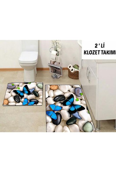 Else Halı 3 Boyutlu Kelebekli Klozet Takımı Banyo Paspas
