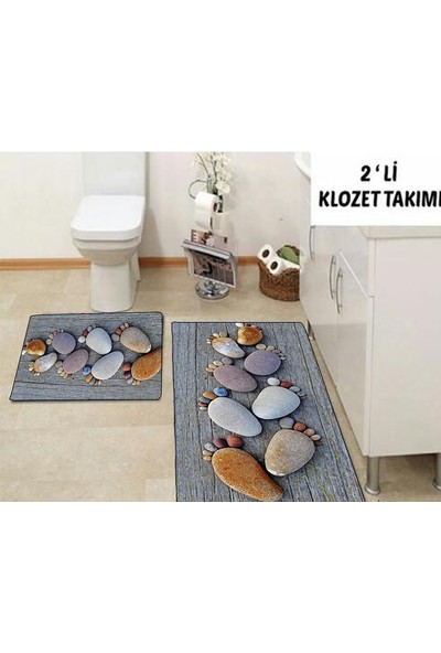 Else Halı 3 Boyutlu Taşlı Klozet Takımı Banyo Paspas Seti