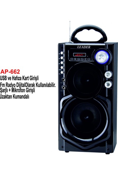 Leader AP-662 BT/Usb/Sd/Fm/Mikrofon Girişli Uzaktan Kumandalı Şarjlı, Bluetooth Taşınabilir Ses Sistemi Leader AP-662 BT/Usb/Sd/Fm/Mikrofon Girişli Uzaktan Kumandalı Şarjlı, Bluetooth Taşınabilir Ses Sistemi