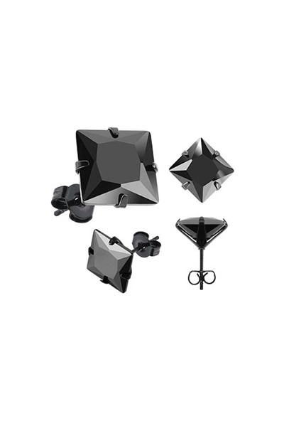 Chavin Unisex Kare Siyah 6 Mm Taşlı Çelik Küpe Cm25