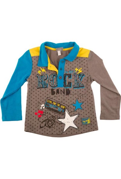 Tuc Tuc Polo Yakalı Sweatshirt, Rock Band Koyu Gri - Turkuaz Desenli