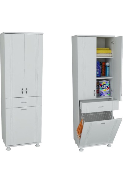 Evistro Lake Banyo Boy Dolabı Çamaşır Sepetli Tek Çekmeceli