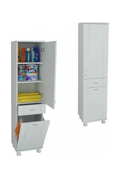 Evistro Lake Çok Amaçlı Banyo Boy Dolabı Çamaşır Sepetli