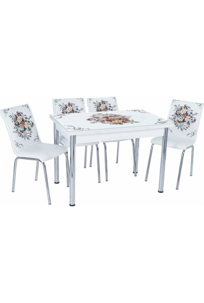 Evistro Cam Mutfak Masa Takımı Sarı Çiçek Buketi +6 Sandalyeli