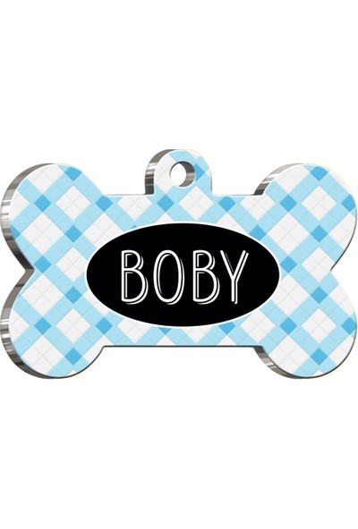 Pet Tag Art Mavi Ekoseli Kemik Şekilli Köpek Künyesi: 2,6 x 3,8 cm