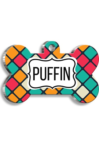 Pet Tag Art Desenli Seri Kareli Kemik Şekilli Köpek Künyesi: 3,3 x 5 cm