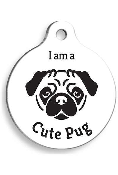 Pet Tag Art Beyaz Pug Yuvarlak Köpek Künyesi: 3 cm