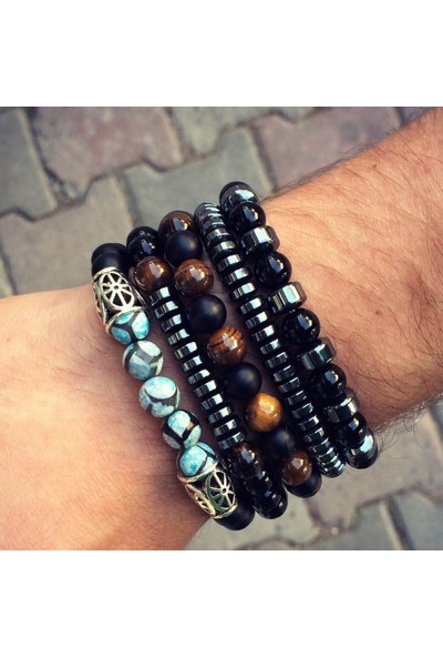 Katre Kaplan Gözü, Hematit, Oniks, Akik Taş Erkek Bileklik Seti