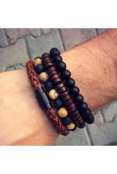 Katre Lav & Akik,Oniks, Ağaç, Örgü Deri Erkek Bileklik Seti Katre Lav & Akik,Oniks, Ağaç, Örgü Deri Erkek Bileklik Seti