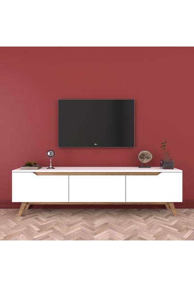 Rani D1 Tv Duvar Ünitesi Ahşap Ayaklı Tv Sehpası Ceviz Beyaz