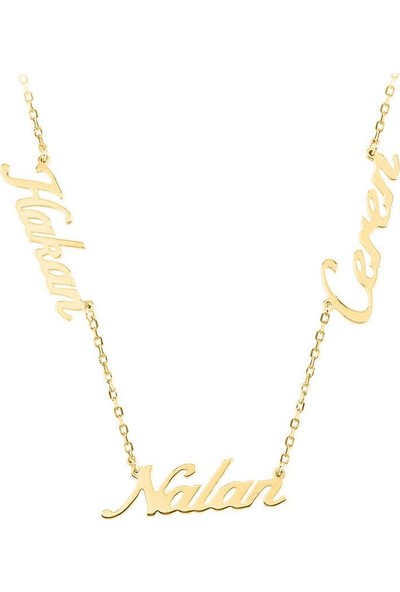 İndigo Takı Kişiye Özel Altın Kaplama Üç İsimli Gümüş Kolye