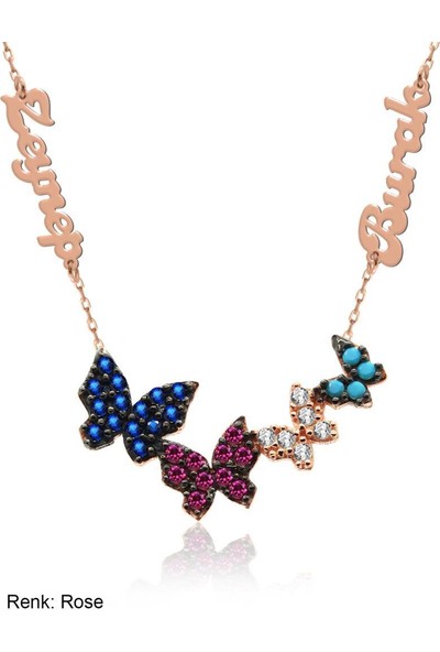 İndigo Takı İsimli Kişiye Özel Dörtlü Renkli Kelebekler Gümüş Kolye İndigo Takı İsimli Kişiye Özel Dörtlü Renkli Kelebekler Gümüş Kolye