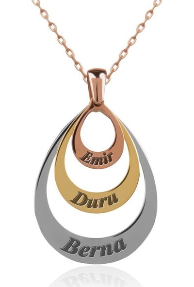 İndigo Takı Üç İsimli Kişiye Özel Damla Gümüş Kolye