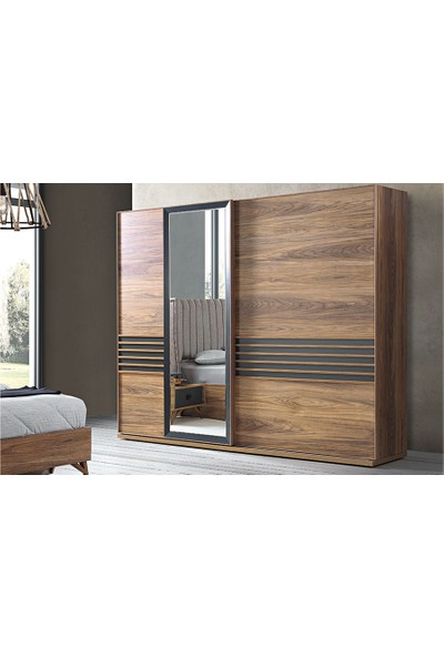 Cadde Yıldız Yaren Aynalı Sürgü Kapaklı Gardırop - Ceviz