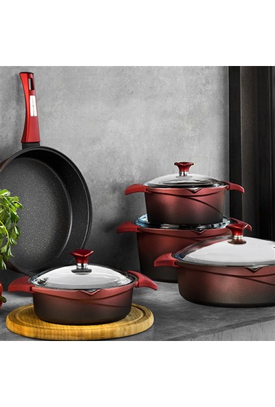 Aryıldız 9 Parça Gusto Döküm Tencere Takımı - Bordo