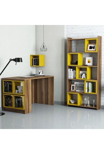 Variant Mobilya Box Çalışma Masası Ve Kitaplık Takımı - Ceviz / Sarı