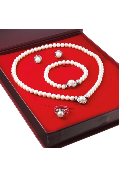 Chavin İnci Gümüş Kolye Küpe Bileklik Yüzük Takım, Set Ds47