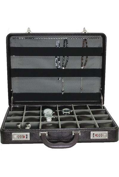 Dama Stile 22'li saat, 40'lı Tespih, 8'li Yüzük , Şifreli Deri Saat James Bond Çantası Kahverengi