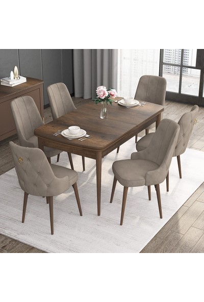 Canisa Concept Noa Serisi, 80X132 Açılabilir Mdf Masa, Barok Ahşap Desenli Mutfak Masa Takımı, 6 Sandalye