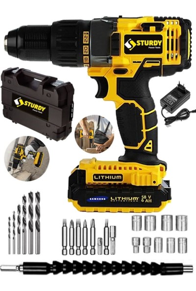 Sturdy Japon Technology 58V8AH W-Q-Z Seri Metal Şanzuman Şarjlı Çift Akülü Matkap 27 Parça Uç Setli Sturdy Japon Technology 58V8AH W-Q-Z Seri Metal Şanzuman Şarjlı Çift Akülü Matkap 27 Parça Uç Setli
