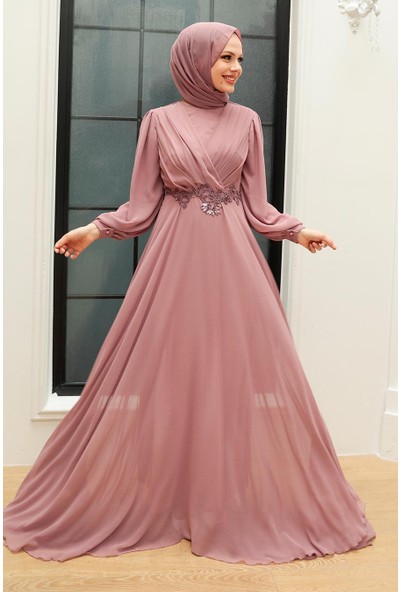Tesettürlü Abiye Elbise - Dantel Detaylı Pudra Tesettür Abiye Elbise 3435PD Tesettürlü Abiye Elbise - Dantel Detaylı Pudra Tesettür Abiye Elbise 3435PD