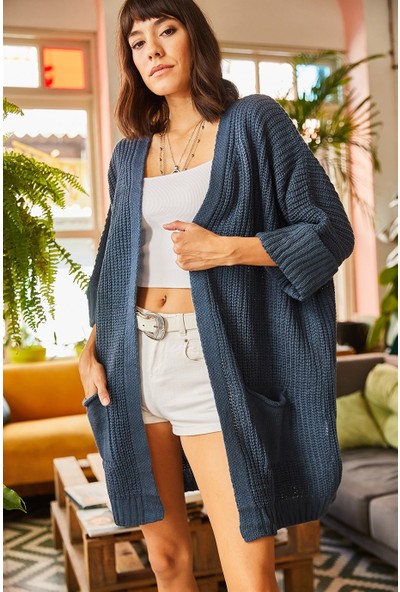 Fy Giyim Kadın Duble Katlamalı Kol Cepli Oversize Beden Uzun Indigo Triko Hırka Fy Giyim Kadın Duble Katlamalı Kol Cepli Oversize Beden Uzun Indigo Triko Hırka