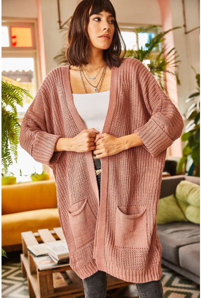 Fy Giyim Kadın Duble Katlamalı Kol Cepli Oversize Beden Uzun Indigo Triko Hırka Fy Giyim Kadın Duble Katlamalı Kol Cepli Oversize Beden Uzun Indigo Triko Hırka