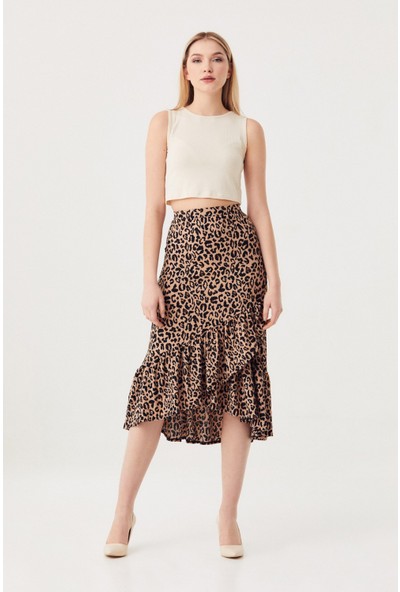 Leopar Desenli Önü Fırfırlı Etek