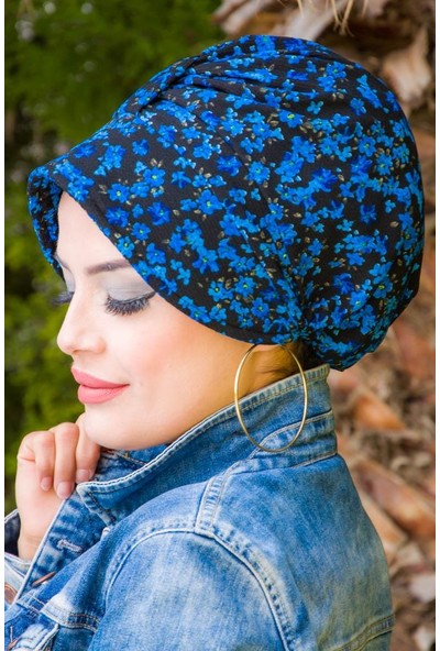 Aişe Tesettür Siyah Mavi Çiçekli Fularsız Şapka Bone