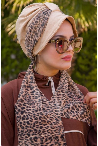 Aişe Tesettür Bej Leopar Şapkalı Bone - 30100