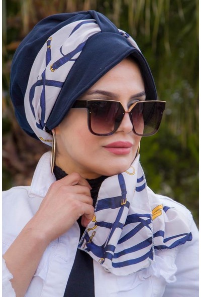 Aişe Tesettür Lacivert Zincir Şapkalı Bone - 30100
