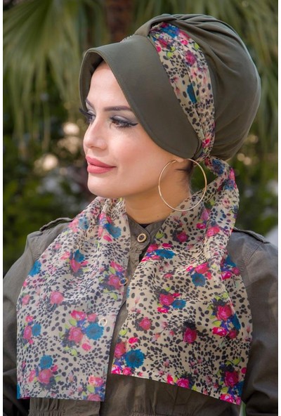 Aişe Tesettür Haki Renkli Çiçek Şapkalı Bone - 30100