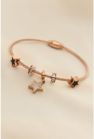 Erb Çelik Rose Renk Taşlı ve Mineli Yıldız Detay Bilezik Erb Çelik Rose Renk Taşlı ve Mineli Yıldız Detay Bilezik