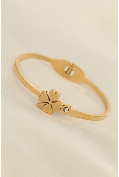 Erb Çelik Gold Renk Taşlı Yonca Detay Kelepçe Bilezik Erb Çelik Gold Renk Taşlı Yonca Detay Kelepçe Bilezik