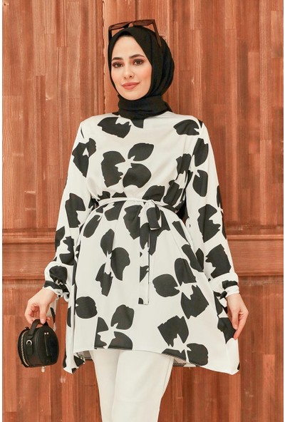 Neva Style - Desenli Siyah Tesettür Tunik 5650S
