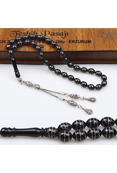 925 Ayar Gümüş Özel Nokta Işleme Orijinal Oltu Taşı Tesb