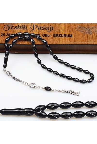 925 Ayar Gümüş Dörtlü Nokta Işleme Orijinal Oltu Taşı T