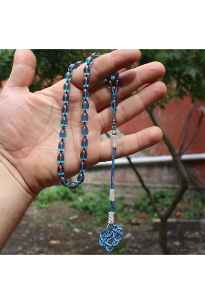 Kazaz Püsküllü Açık Mavi Kehribar Tesbih