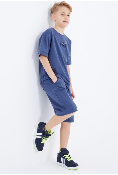 Tommy Life Petrol Yazı Nakışlı Oversize Erkek Çocuk Şort Takım - 10897