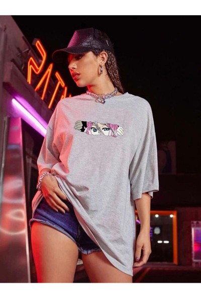 Kokina Anime Baskılı Oversize Gri T-Shirt Unisex