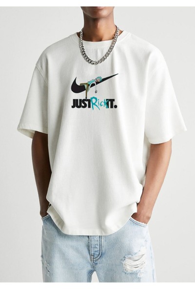 Kokina Just Rick It Baskılı Oversize Beyaz T-Shirt Unisex Kokina Just Rick It Baskılı Oversize Beyaz T-Shirt Unisex